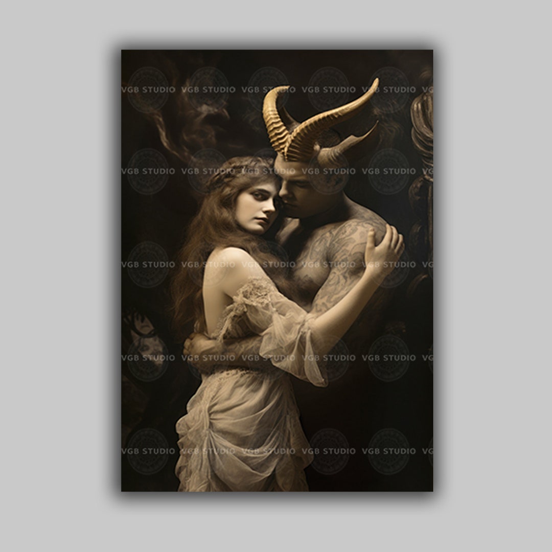 Dark Romance Forbidden Lovers Gothic Couple Embrace Art Print,demon and Woman Enigmatic Romantic ...