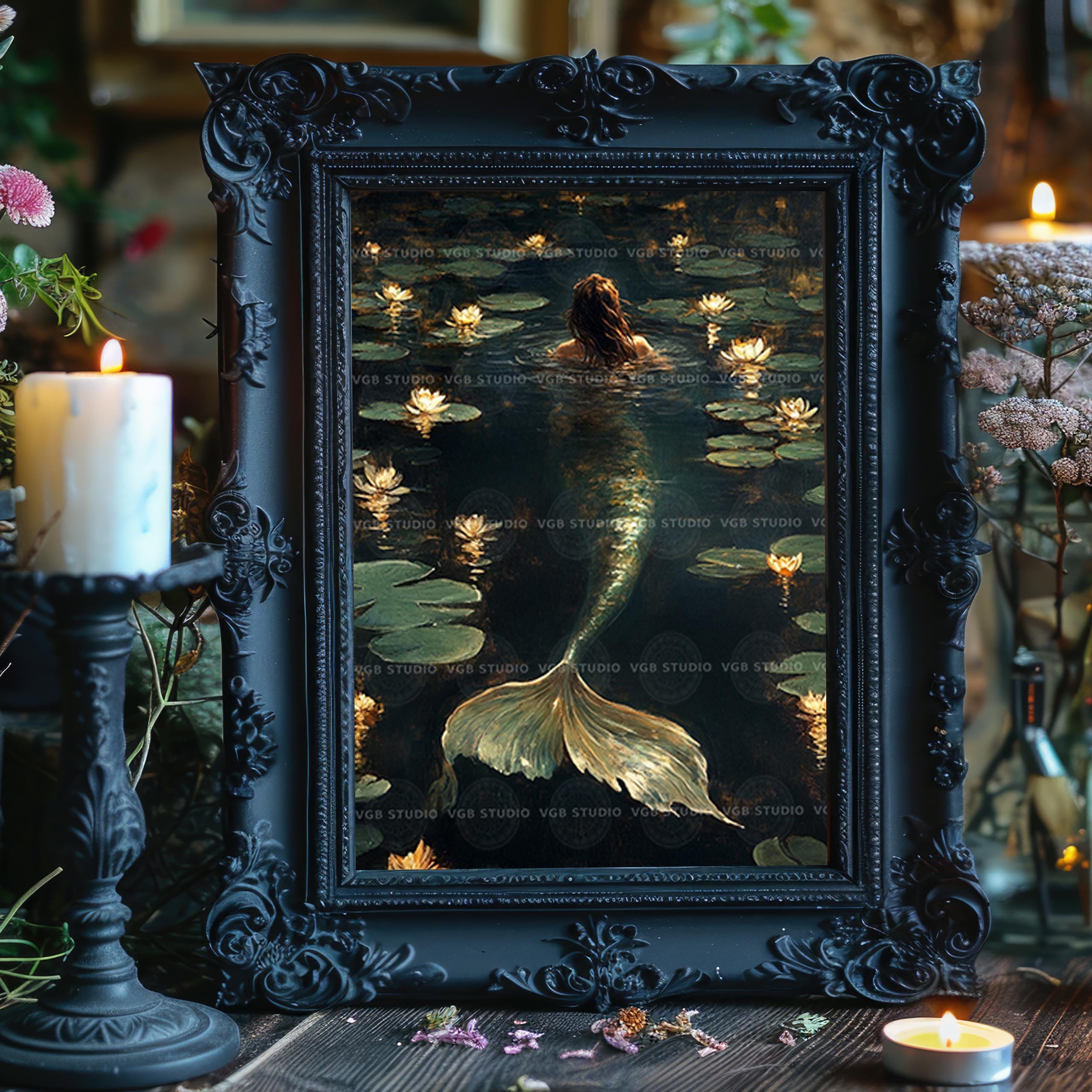 Mermaid in Lily Pond Lagoon, Forest Dark Cottagecore Gothic Print ...