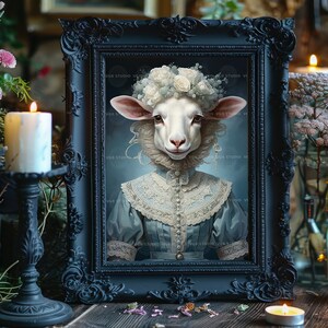 Victorian Sheep Gothic Lady Blue Dress Royalty Portrait Print, Goth ...
