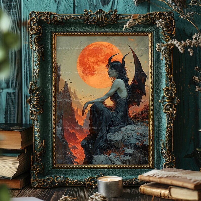 Lilith Art Print | Demon Woman With Horns Wings Orange Moon Gothic ...