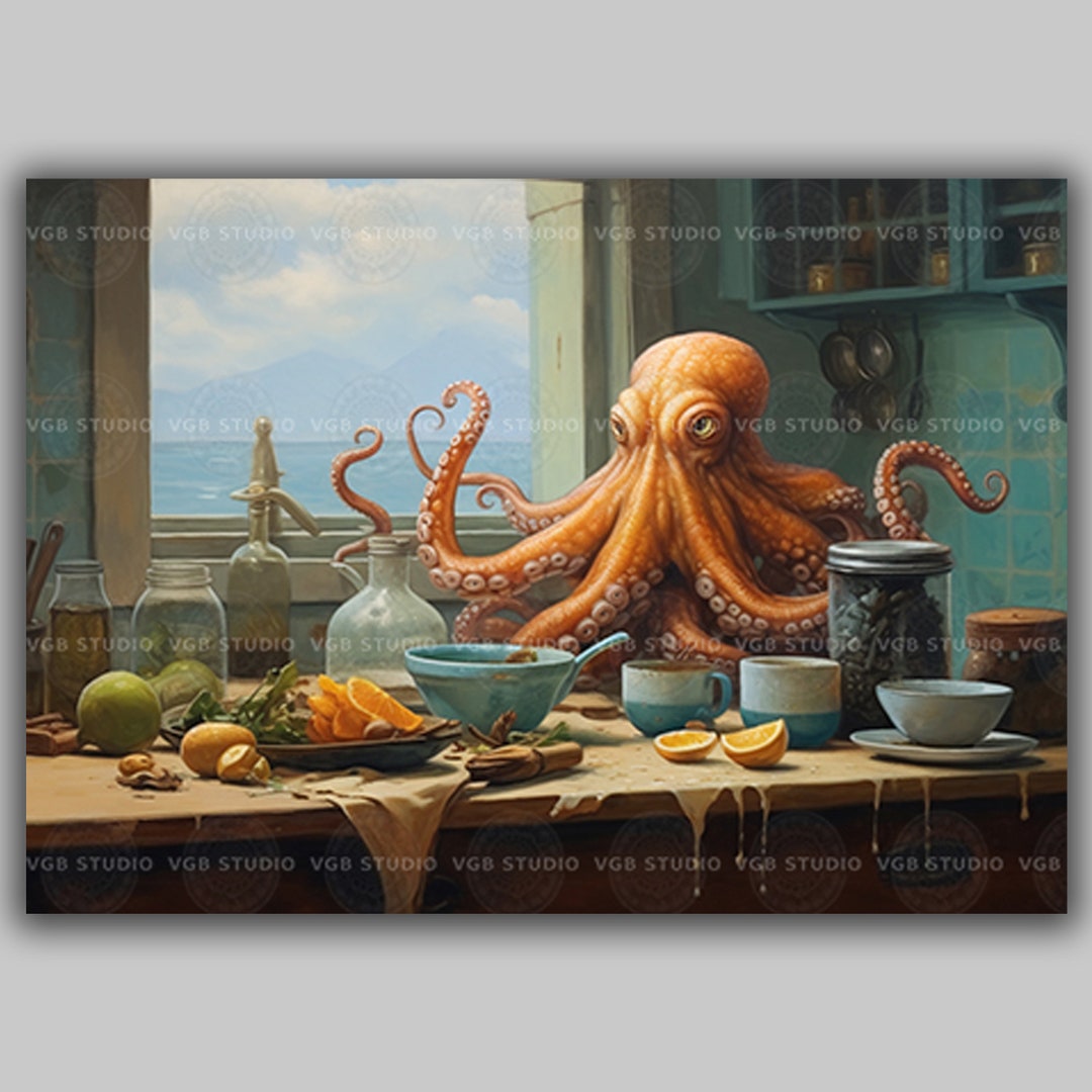 Octopus Kitchen Art Print Whimsical Coastal Decor Sea Creature ...