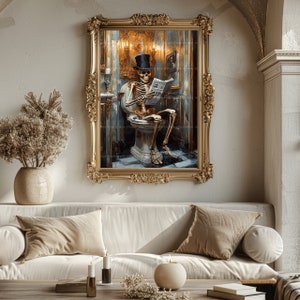 Gothic Skeleton Reading Newspaper on Toilet Print, Top Hat Skull ...