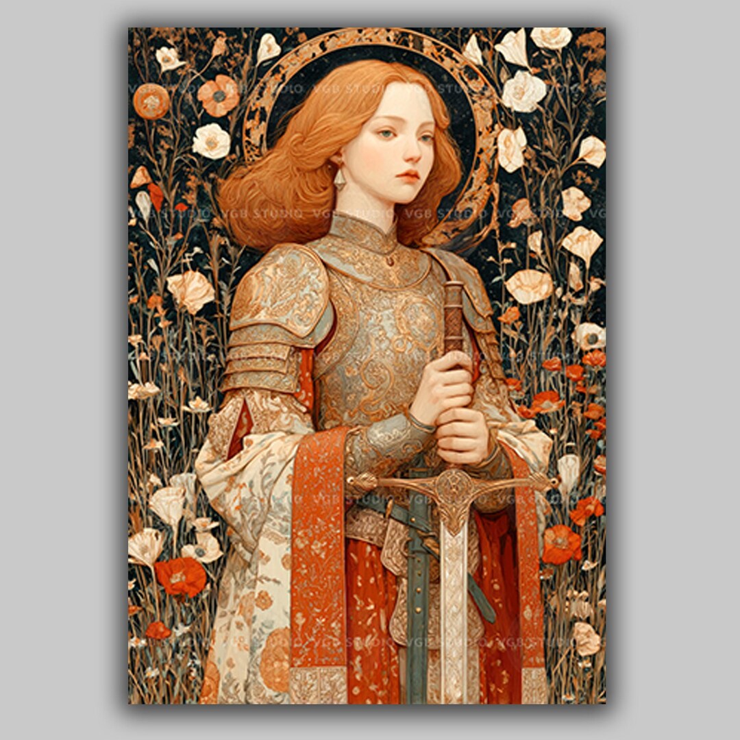 Lady Knight Art Print Medieval Woman Warrior Floral Armor Fantasy Wall ...