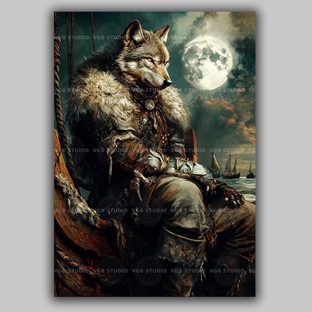Viking Wolf Warrior Norse Fantasy Art Print, Dark Moonlit Nautical ...