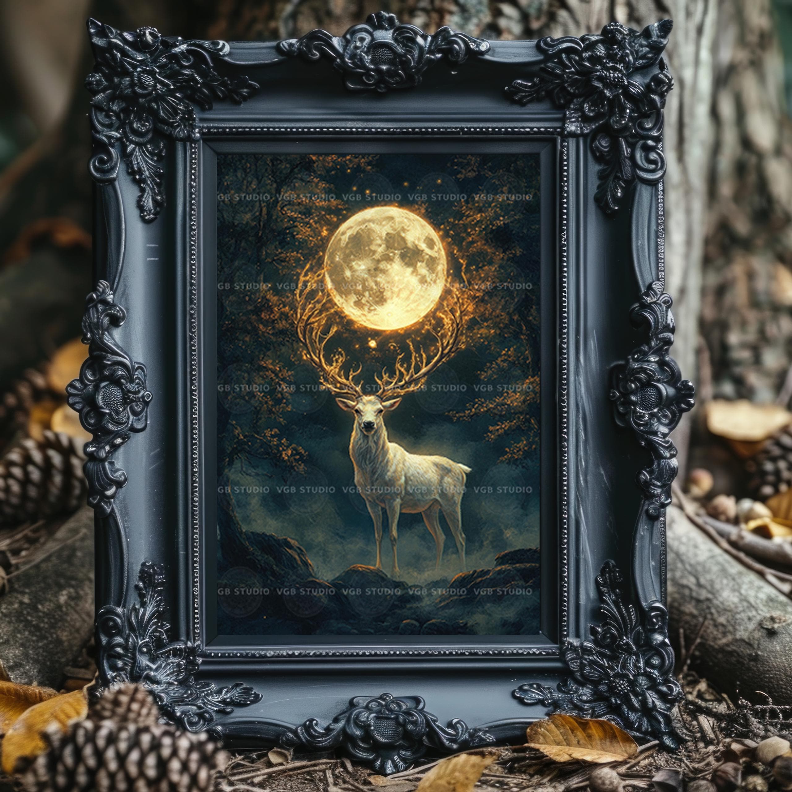Celtic White Stag Art Print Mythical Deer Moonlit Forest Sacred Hunt ...