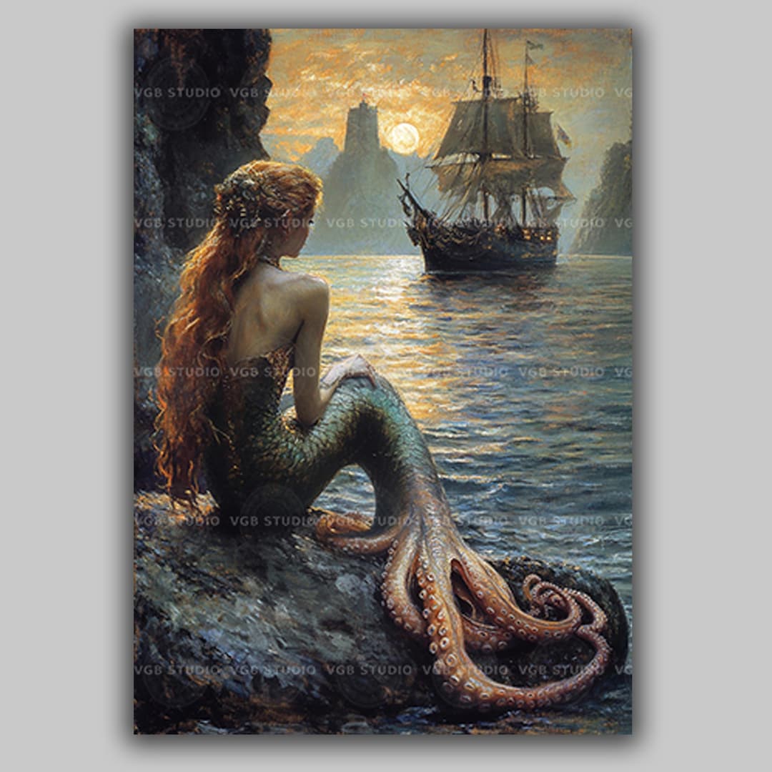 Mermaid Cecaelia Octopus Tentacles Contemplating Sunset, Siren Wall Art ...