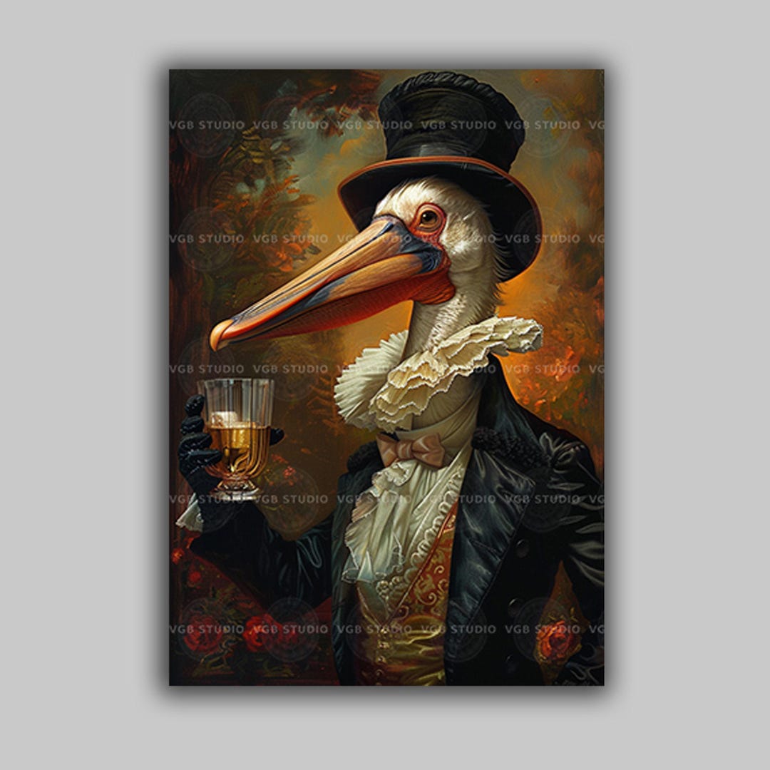 Pelican Gentleman With Drink Fine Art Print, Whimsical Bird in ...
