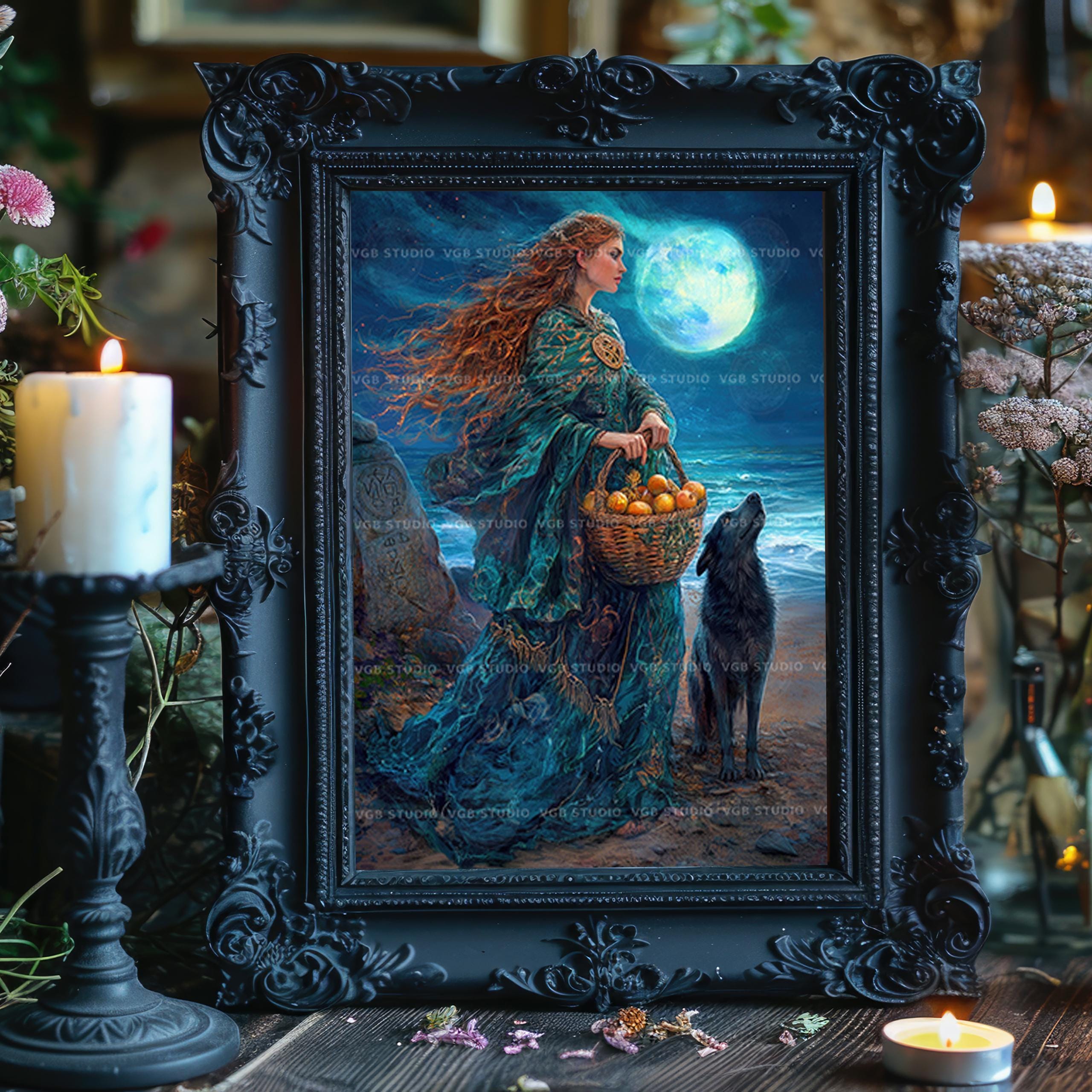 Nehalennia Celtic Sea Goddess With Dog, Mystical Moonlit Shore, Ancient ...