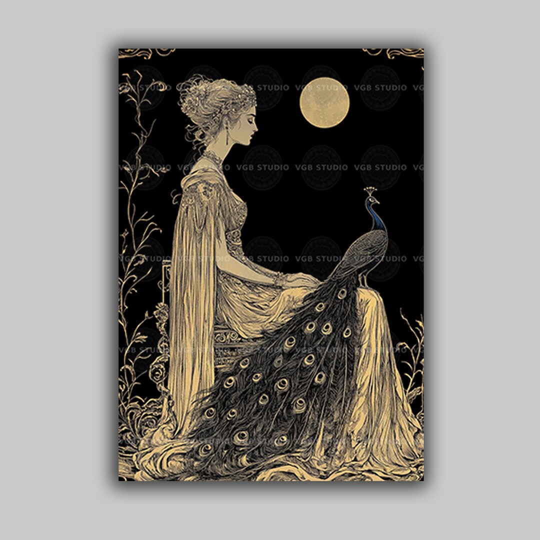 Hera Queen of the Gods With Majestic Peacock. Elegant Golden Fantasy ...