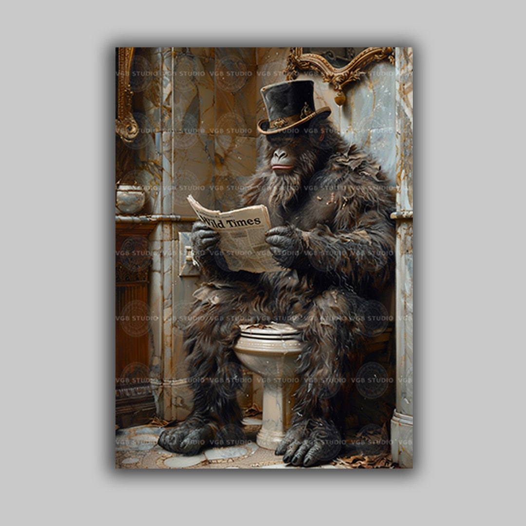 Bigfoot Reading Newspaper on Toilet Print, Sasquatch Top Hat Gentleman ...