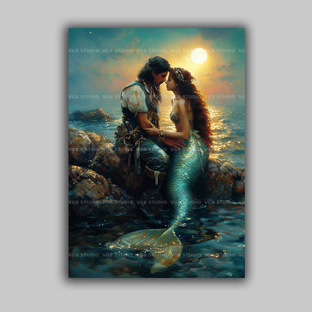 Mermaid and Pirate Wall Art Romantic Fantasy Ocean Print Moonlit Love ...