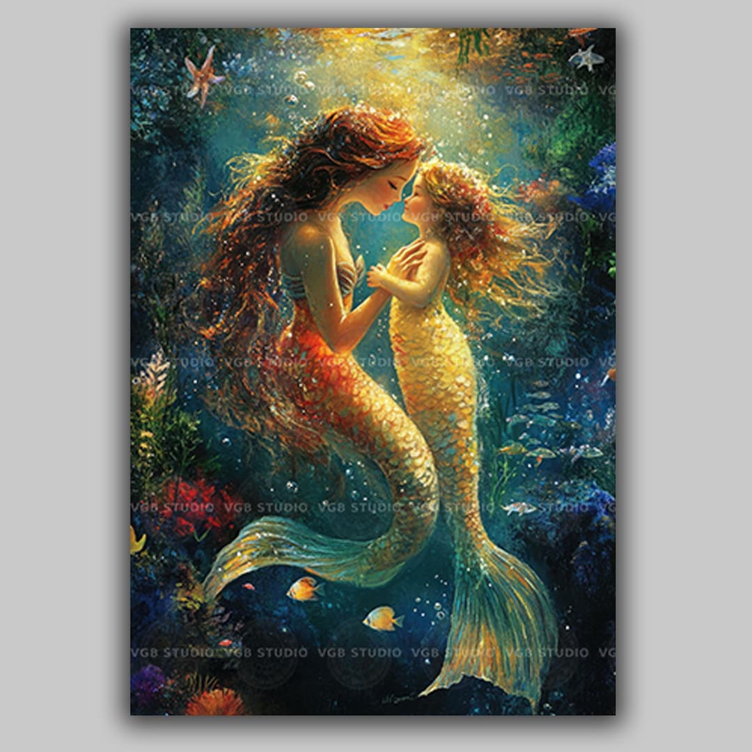 Mother and Daughter Mermaid Family Ocean Fantasy Art, Siren Child ...