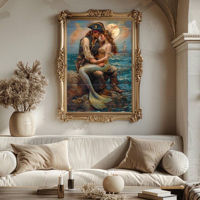 Pirate and Mermaid Art Print Fantasy Ocean Romance Nautical Wall Decor ...