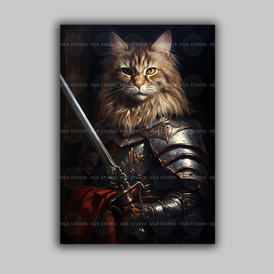 Cat Knight Art Print Warrior Funny Portrait Fantasy Animal Decor ...