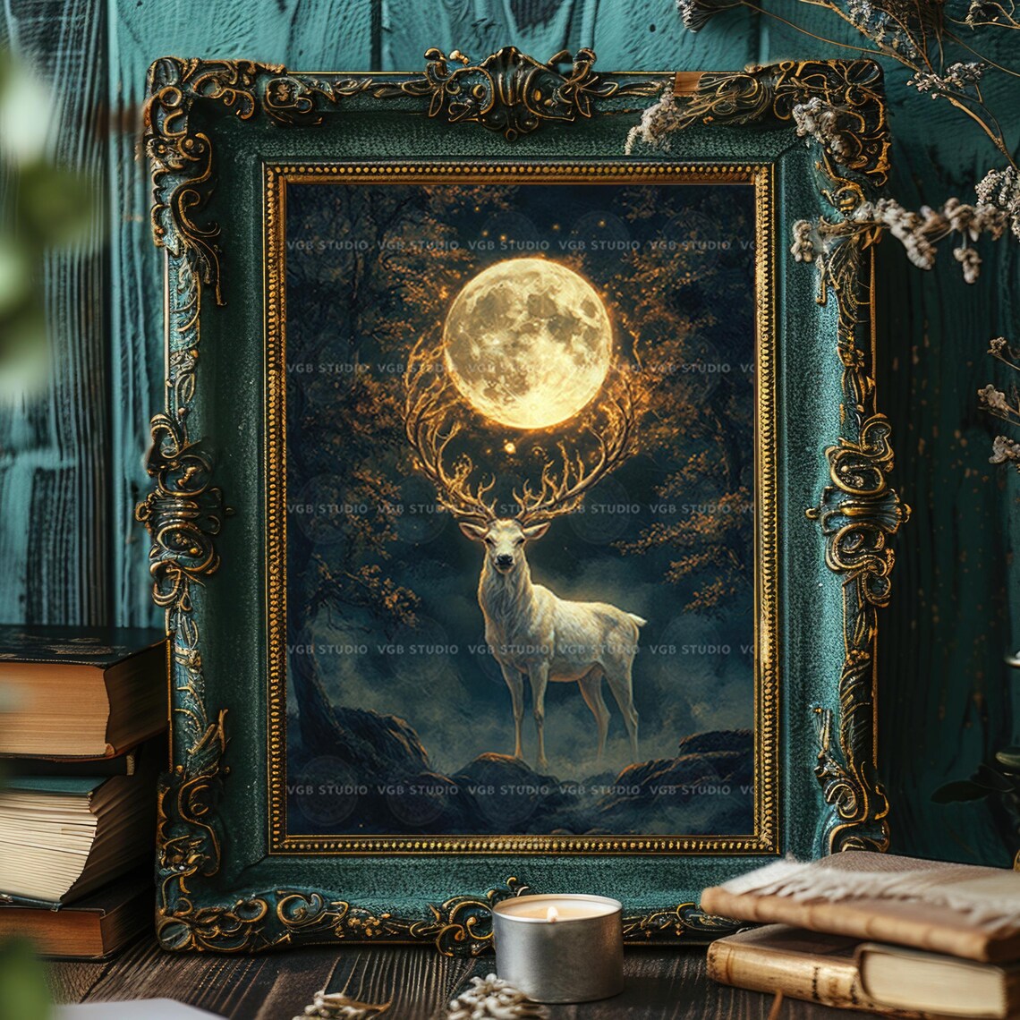 Celtic White Stag Art Print Mythical Deer Moonlit Forest Sacred Hunt ...