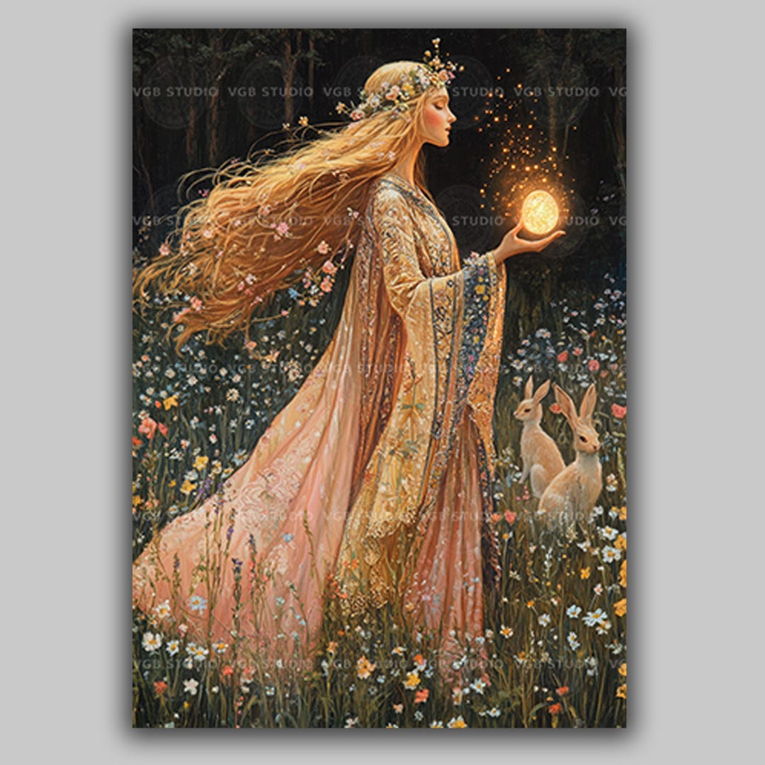 Ostara Goddess Art Print Spring Equinox Pagan Decor With Hares and Egg ...
