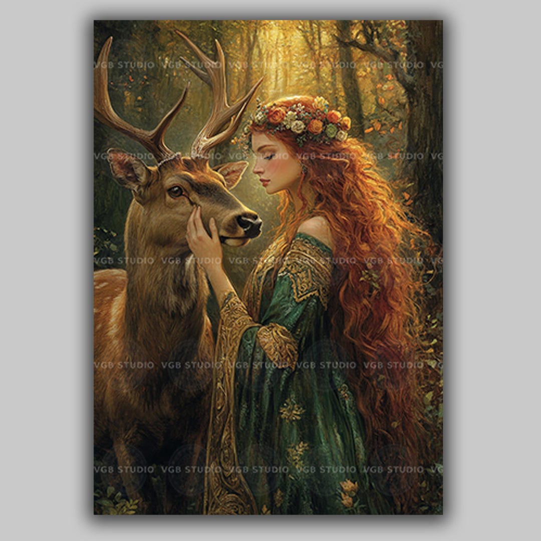 Flidais Celtic Goddess Art Print Forest Deity With Stag Green Cloak ...