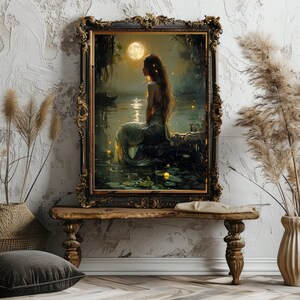 Mermaid Lagoon Dark Forest Moon Painting, Lonely Siren Wall Art, Water ...
