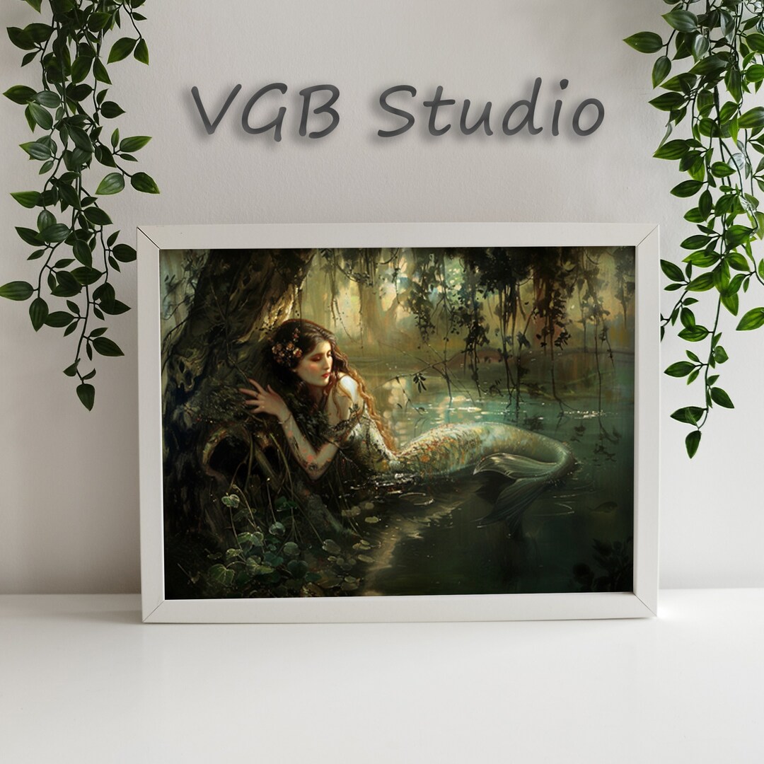Mermaid Dark Forest Lagoon Painting, Lonely Siren Wall Art, Water Nymph ...