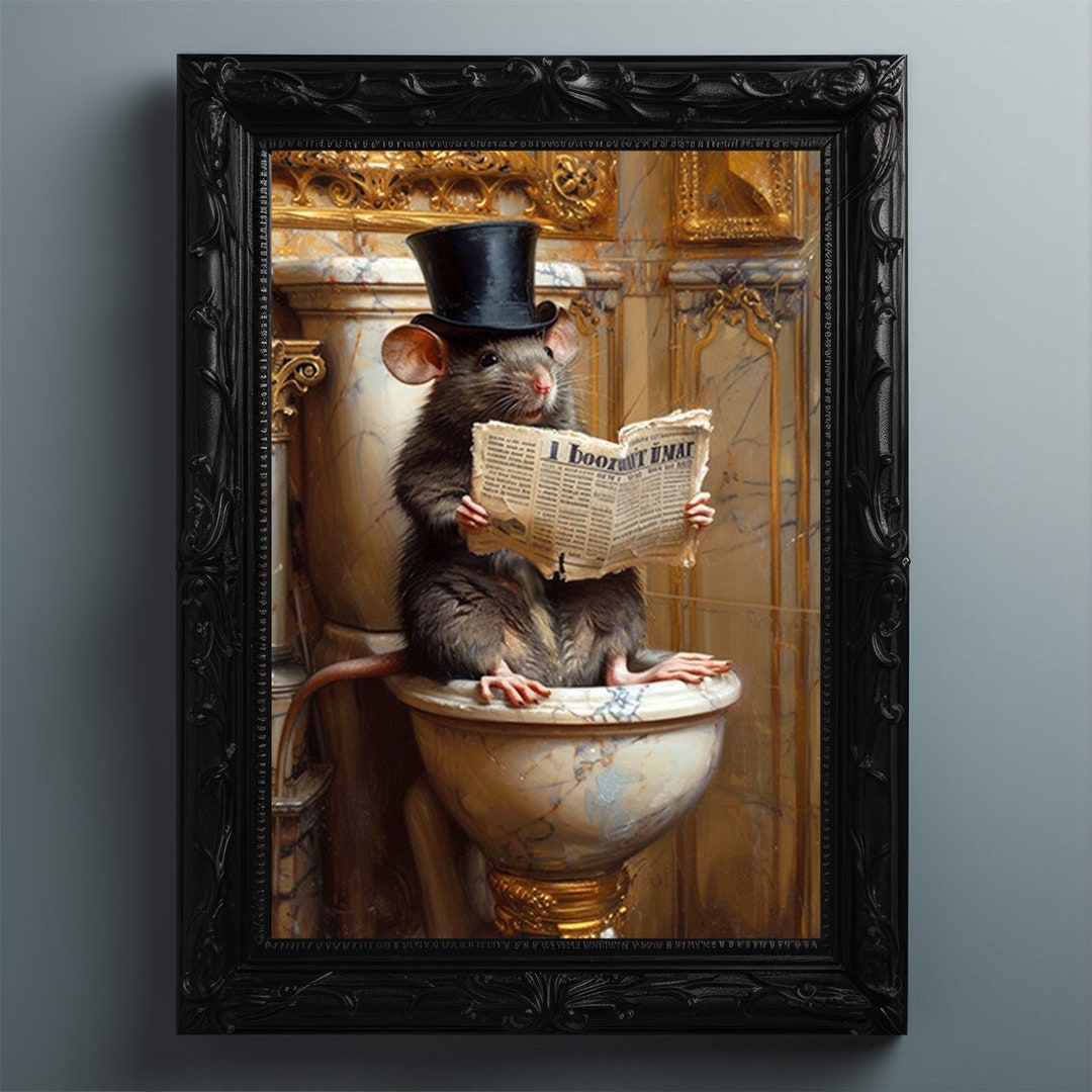 Mouse Rat Gentleman Reading Newspaper on Royal Toilet Whimsical Fine ...