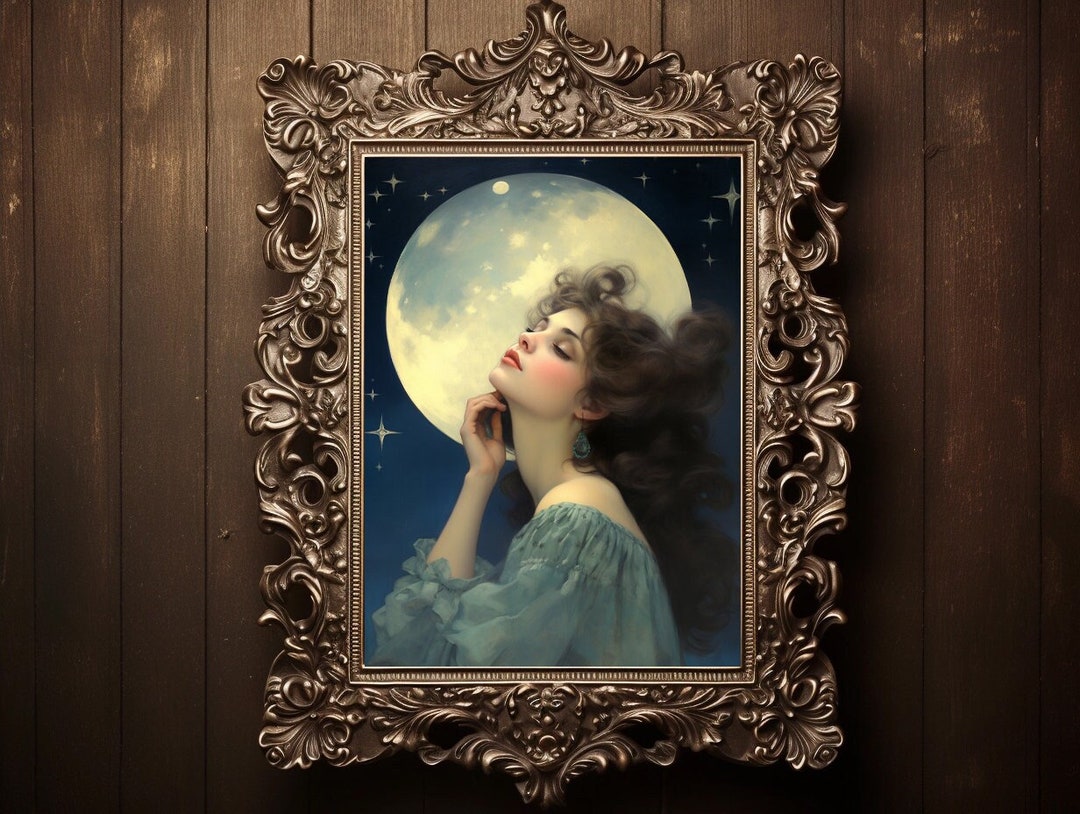 Vintage Woman Moon Print, Celestial Fine Art Print, Art Nouveau Magical ...
