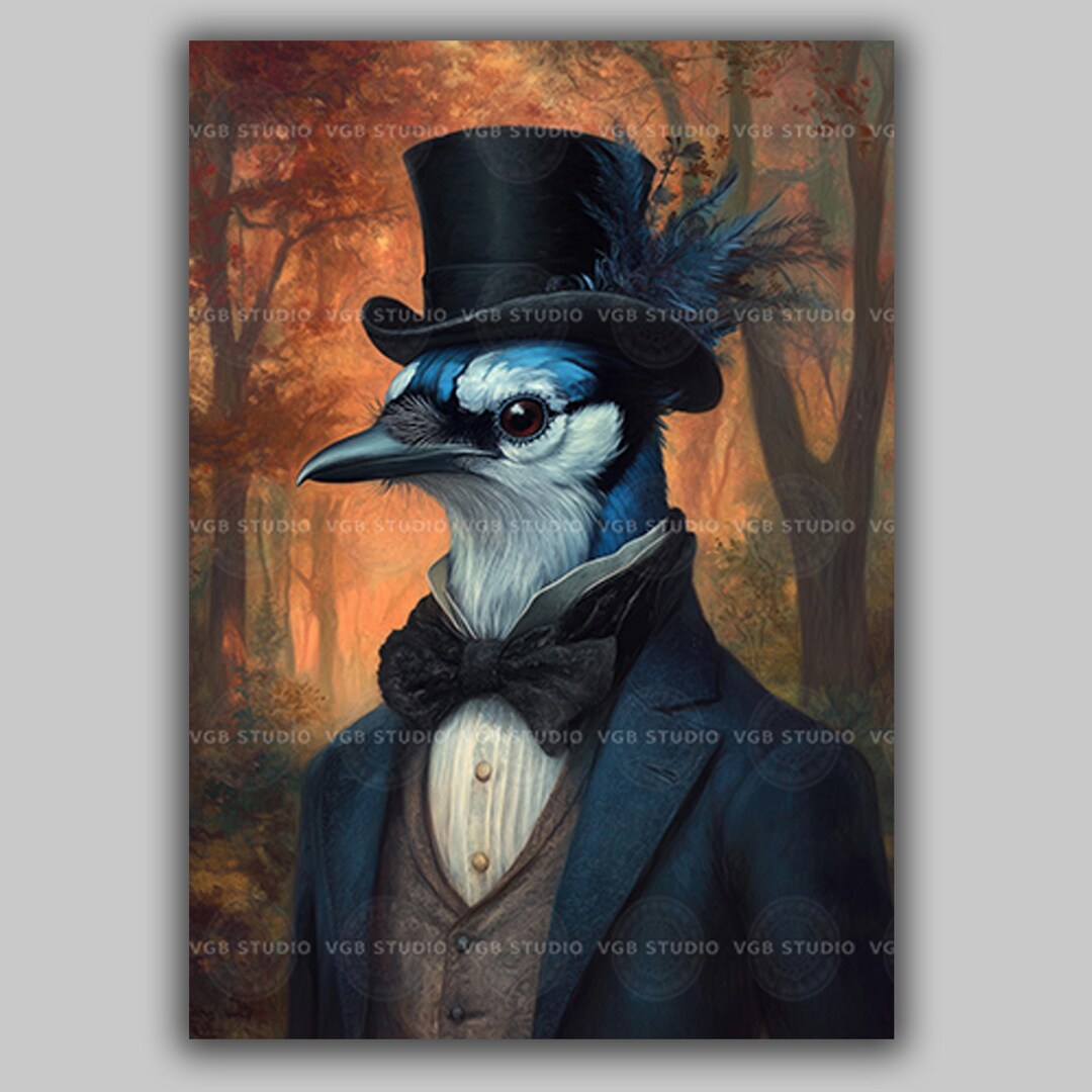 Victorian Blue Jay Portrait Art Print | Bird Top Hat Suit Autumn Forest ...
