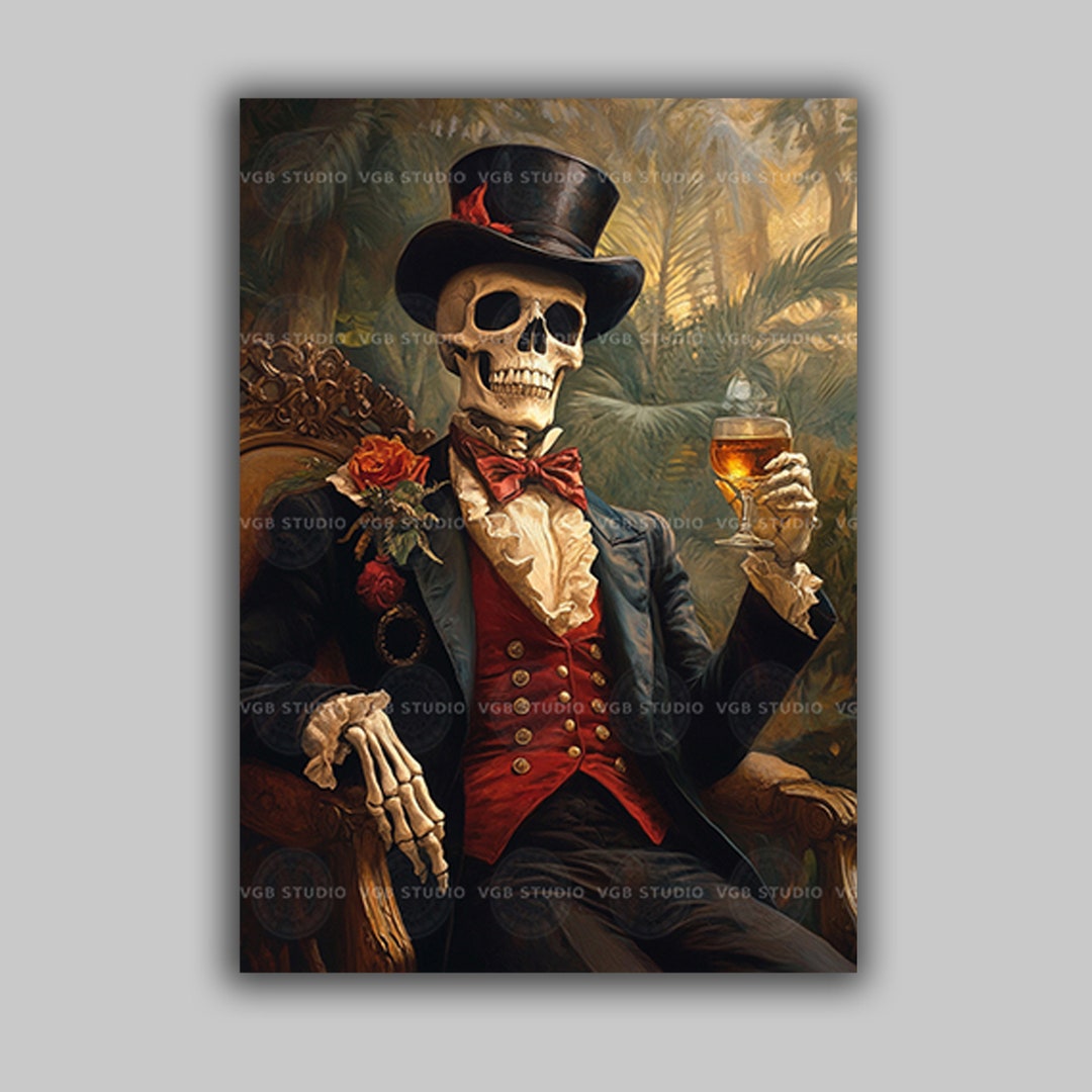 Victorian Skeleton Reading Newspaper on Toilet Print, Top Hat Skull ...