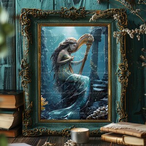 Mermaid Playing Harp Art Print Fantasy Ocean Decor Underwater Ruins ...