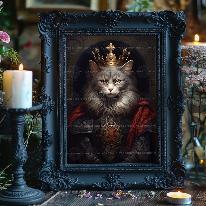 Black Cat King Gothic Medieval Portrait Painting Dark Academia Baroque ...