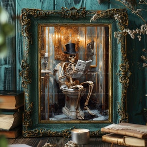 Gothic Skeleton Reading Newspaper on Toilet Print, Top Hat Skull ...