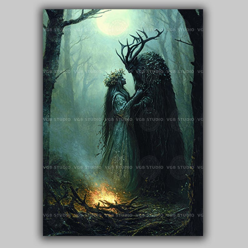 Beltane May Queen and Horned God Art Print Pagan Wheel of Year Forest ...