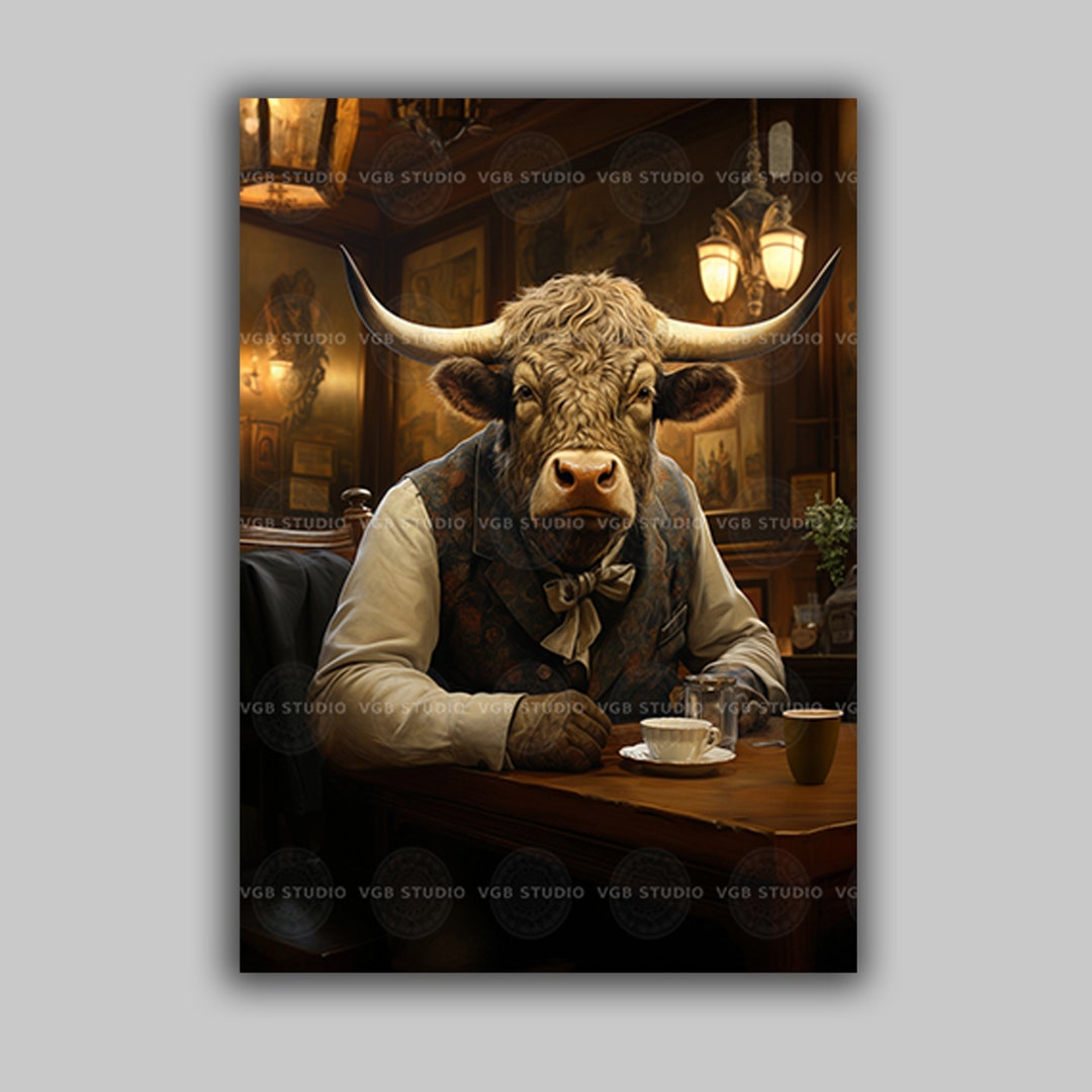 Scottish Highland Cow Bull Fine Breakfast Tea Time Art Giclee Baroque ...