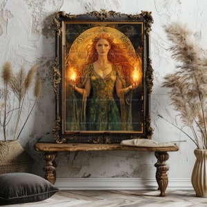 Celtic Goddess Brigid With Fiery Aura Art Print, Mystical Fire Deity Wall Art, Ethereal Fantasy ...