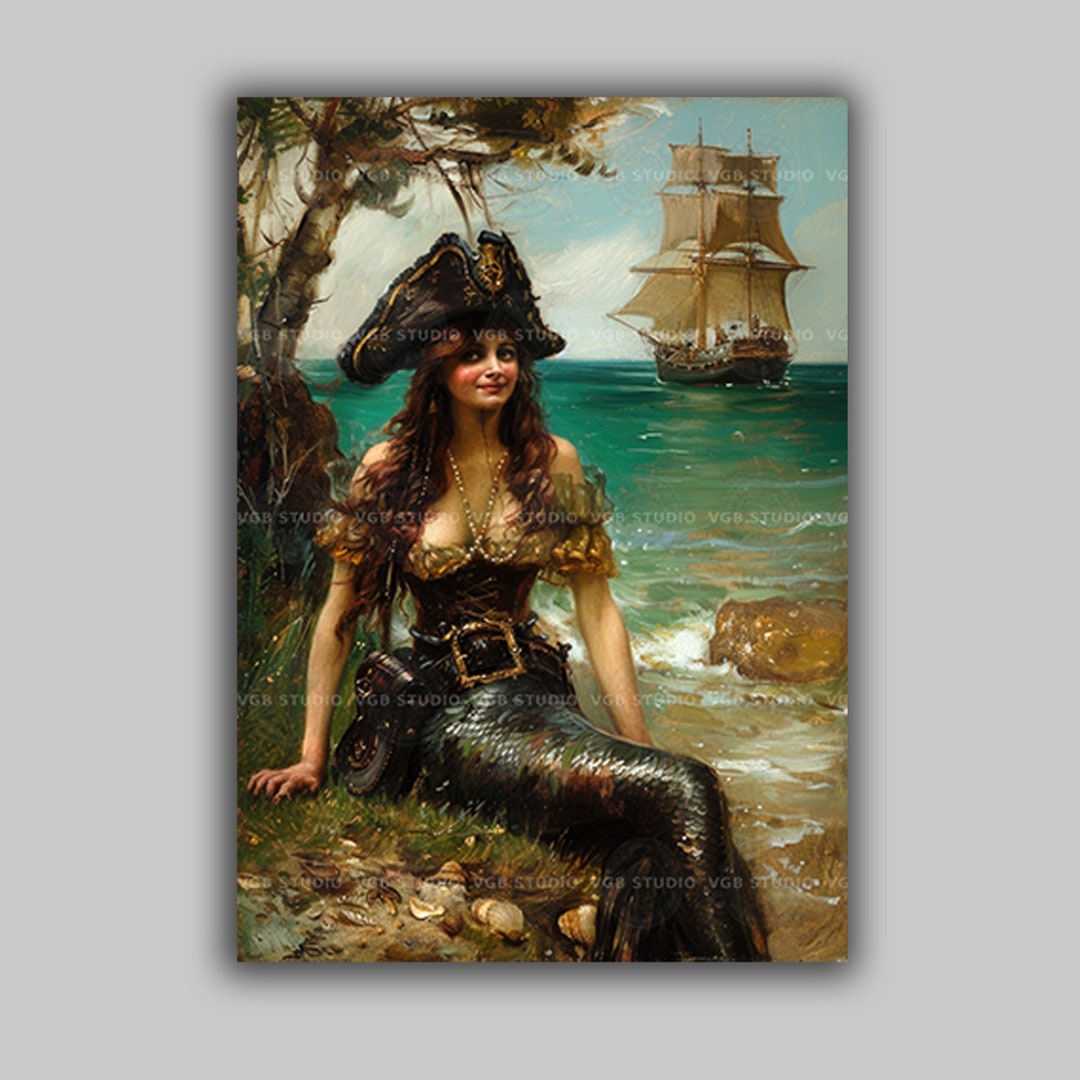 Mermaid Pirate Captain Tropical Island Print, Siren Beautiful Baroque ...