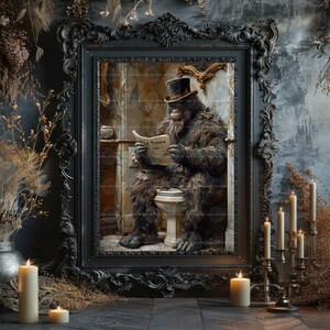 Bigfoot Reading Newspaper on Toilet Print, Sasquatch Top Hat Gentleman ...
