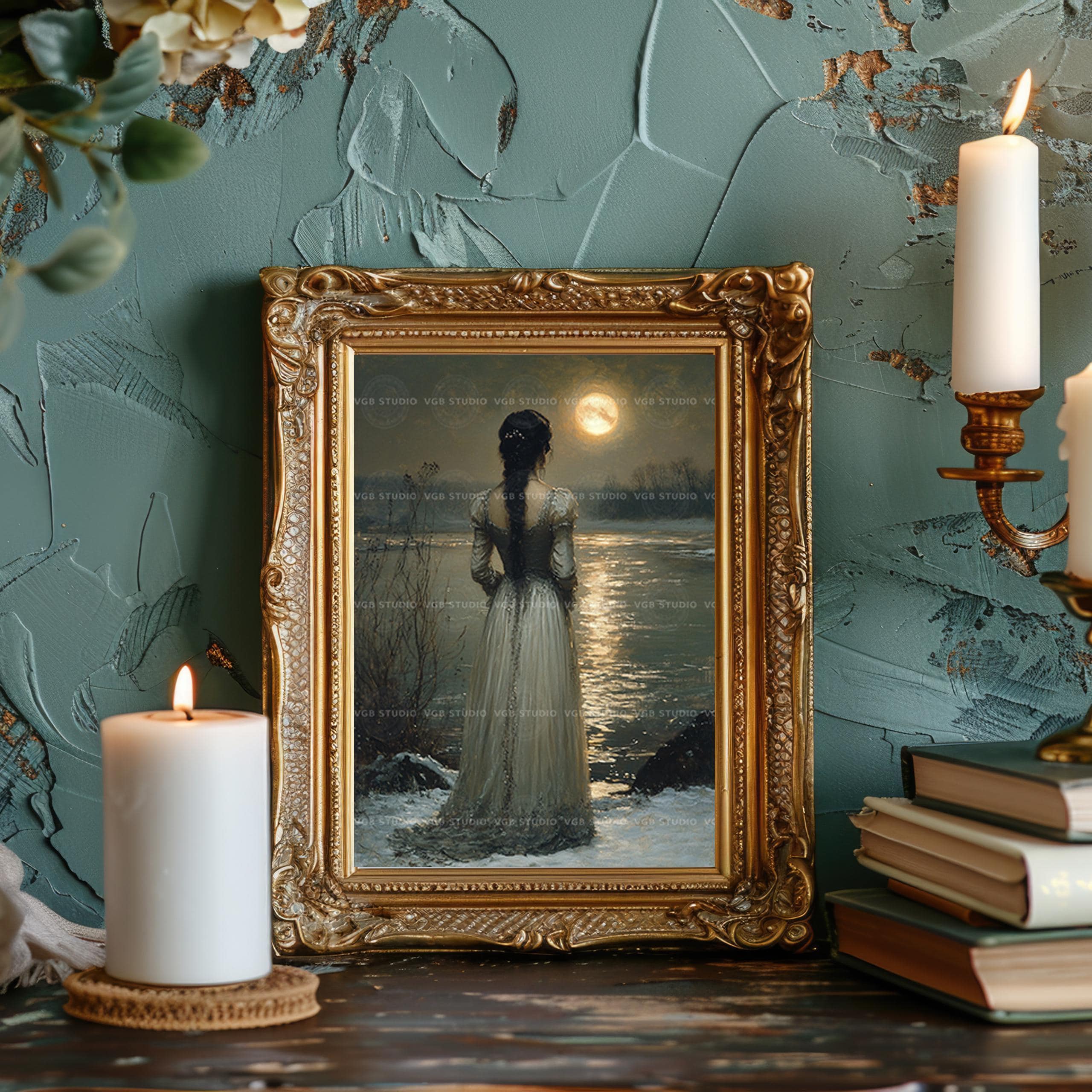 Moonlit Lady Art Print, Woman in White by Winter River Under Full Moon ...
