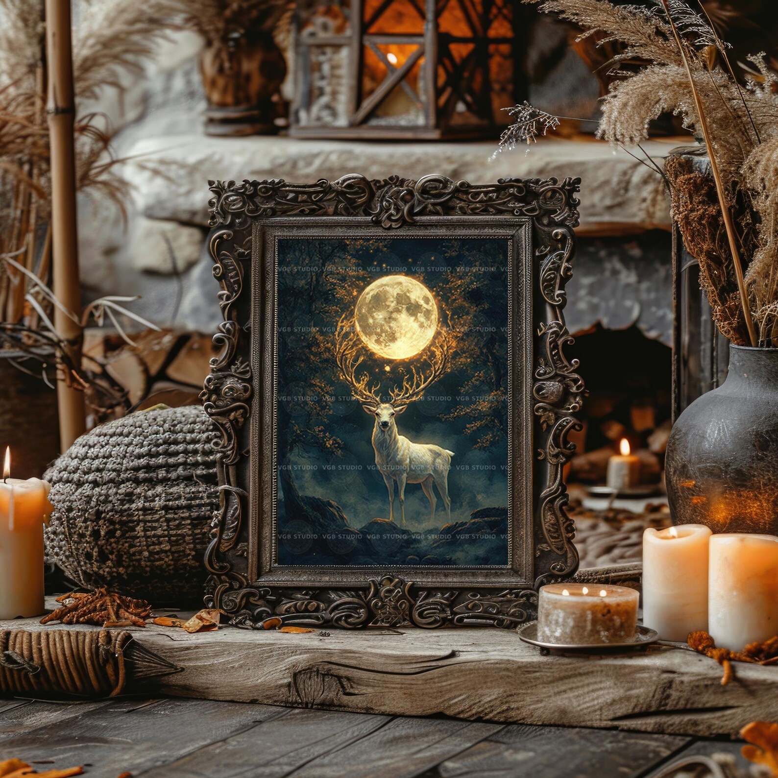 Celtic White Stag Art Print Mythical Deer Moonlit Forest Sacred Hunt ...