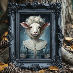 Victorian Lamb Gothic Lady Blue Dress Royalty Portrait Print, Goth ...