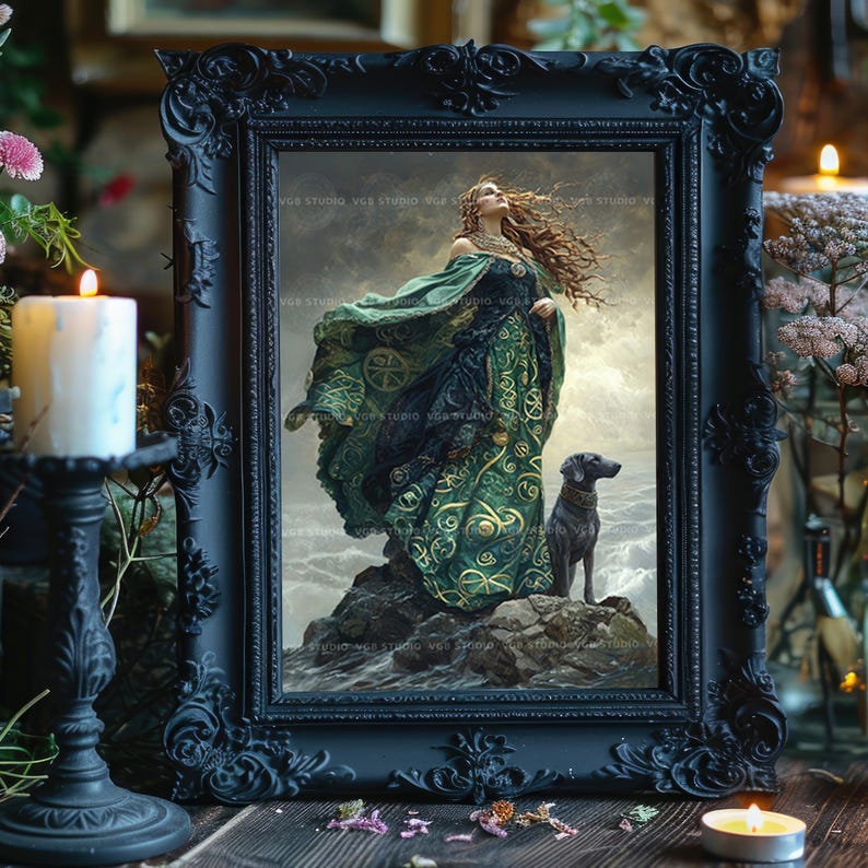 Nehalennia Goddess Art Print Celtic Sea Deity With Dog Dark Green Cloak ...