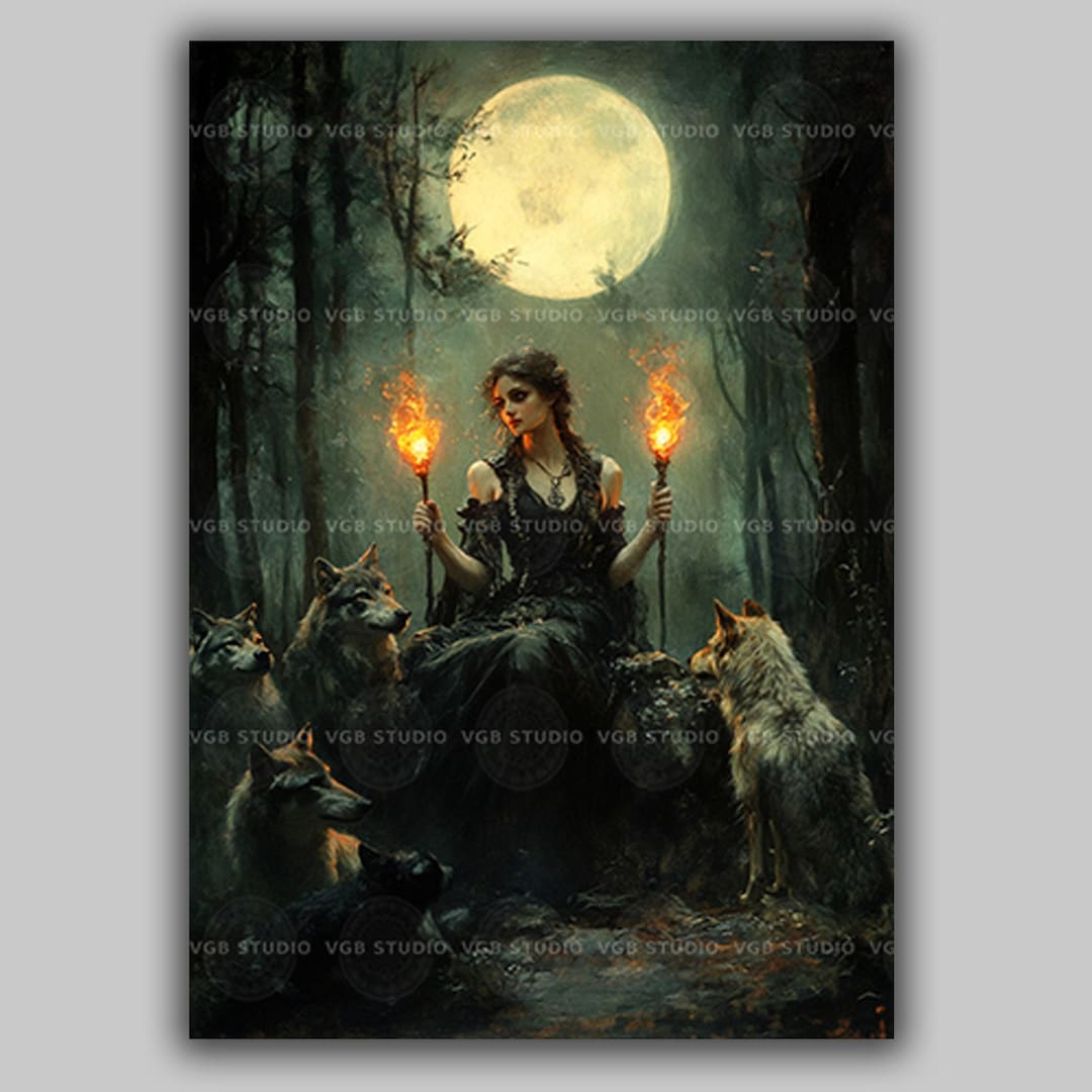 Hecate Greek Goddess Wall Art Print, Hekate With Wolves, Full Moon ...