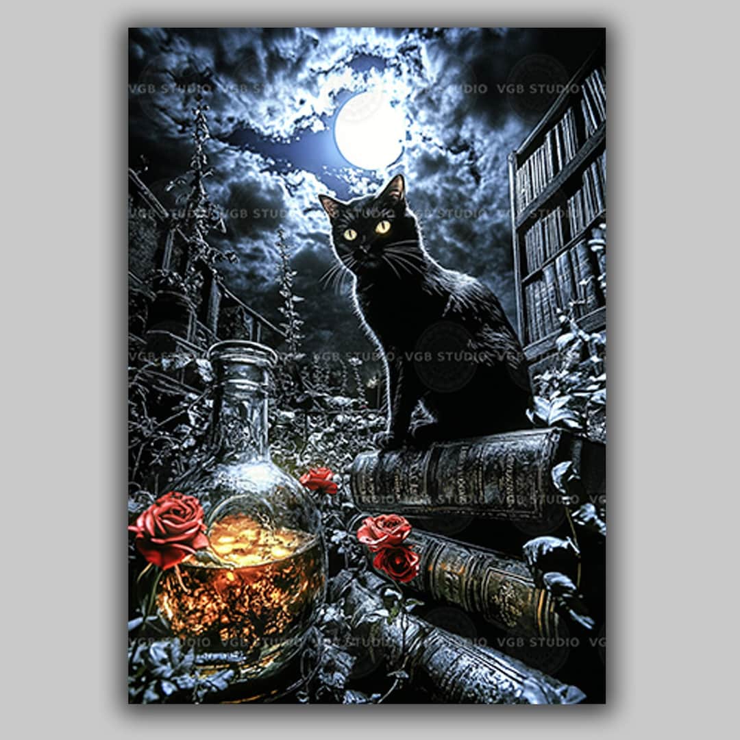 Black Cat Art Print Witch Familiar Moonlight Gothic Decor Spell Books ...