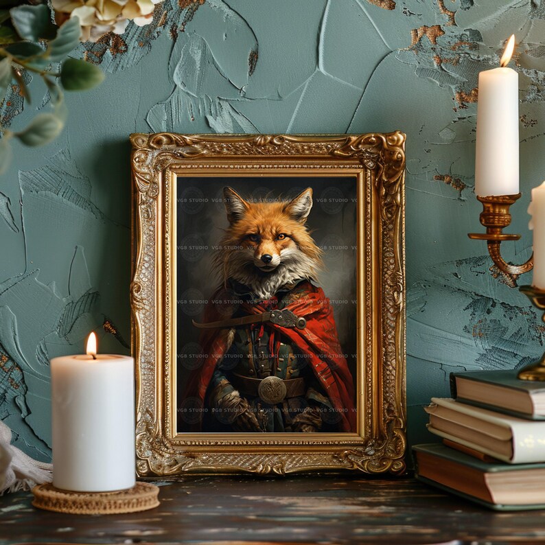 Regal Fox Art Print in Medieval Warrior Attire With Red Cloak and Sword ...