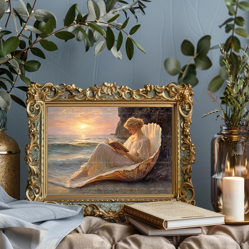 Aphrodite Reading Book Birth of Venus Myth Art, Sea Shore Greek Goddess ...