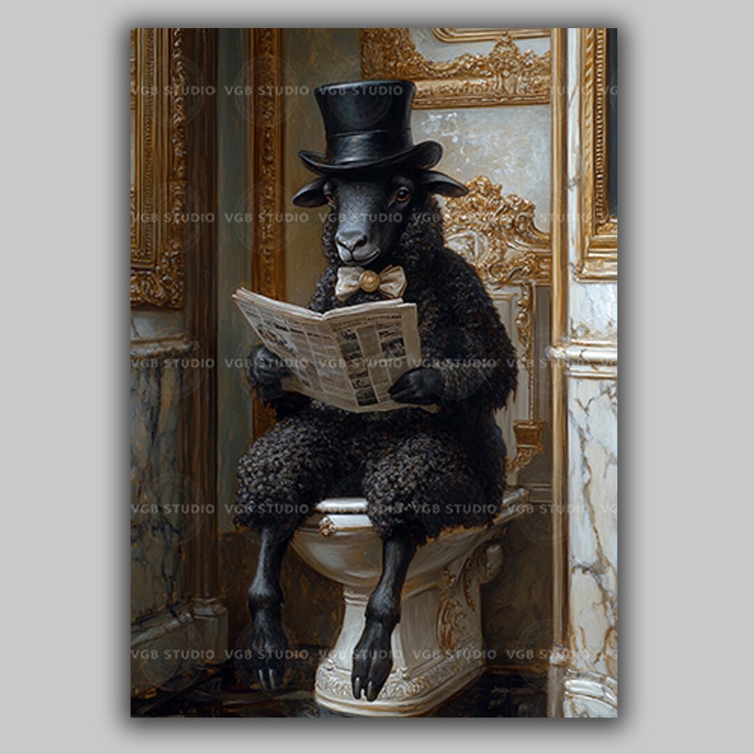 Black Sheep Gentleman Reading Newspaper on Toilet Whimsical Fine Art ...