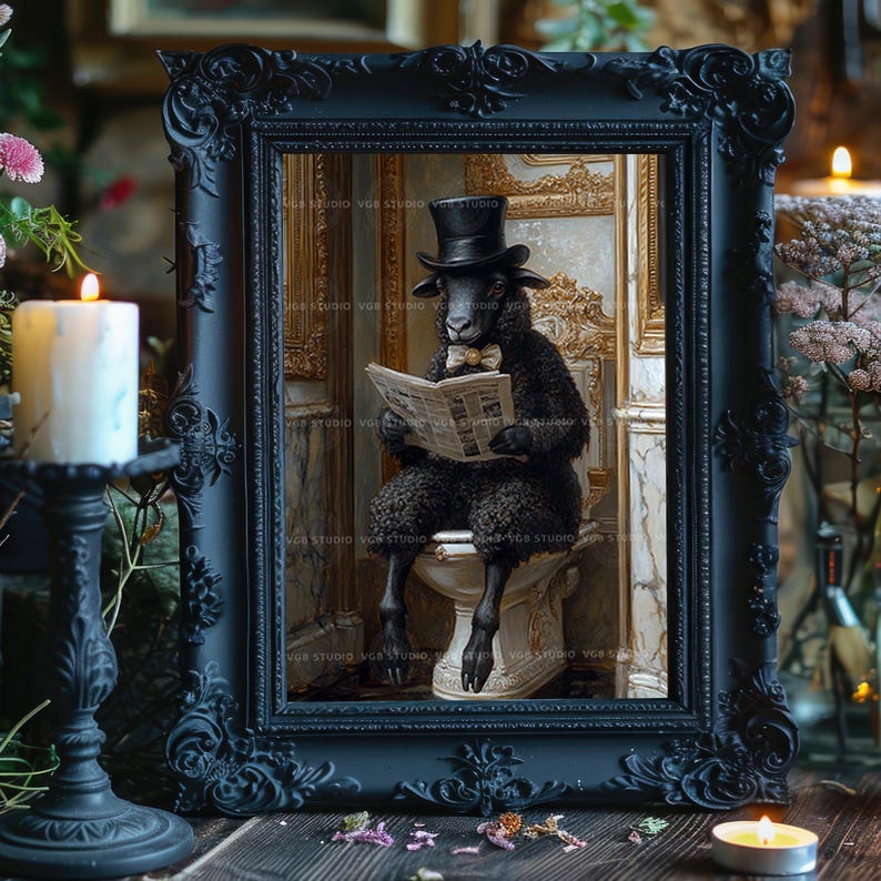 Black Sheep Gentleman Reading Newspaper on Toilet Whimsical Fine Art ...