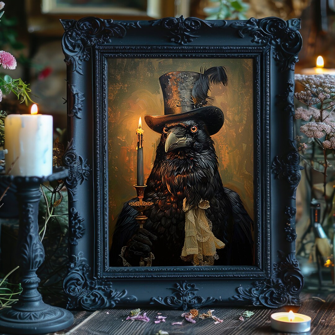 Crow Top Hat Raven Victorian Gentleman Holding Candle, Fancy Gothic ...