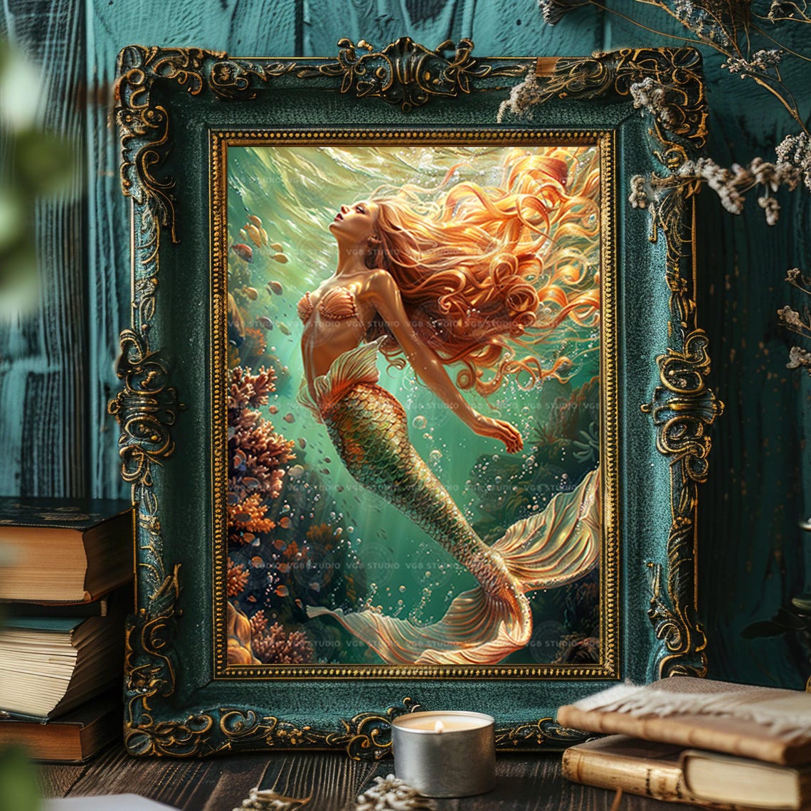 Beautiful Mermaid Swimming Underwater, Siren Whimsical Baroque Art ...