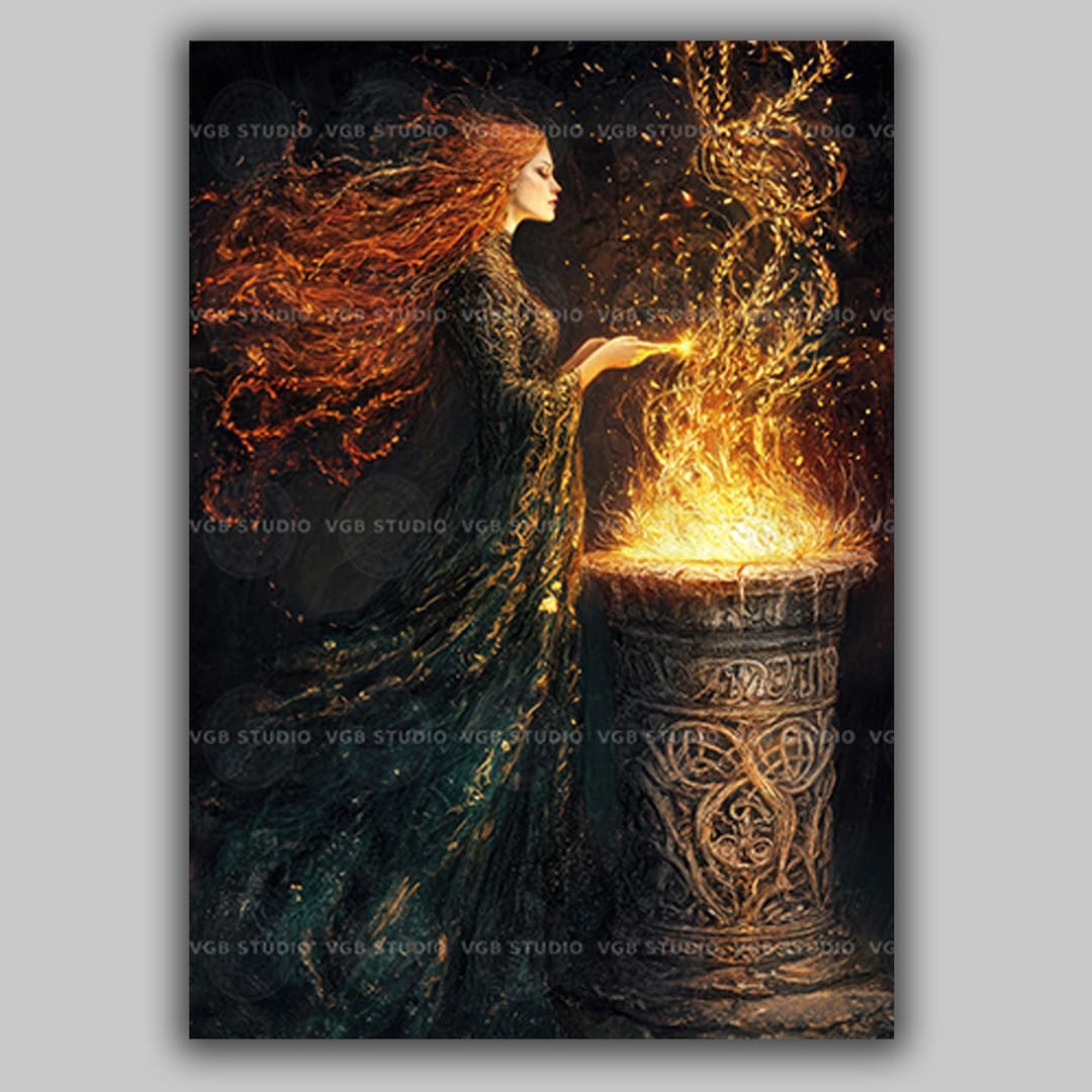 Celtic Goddess Brigid With Sacred Flames Art Print, Mystical Fire Deity ...