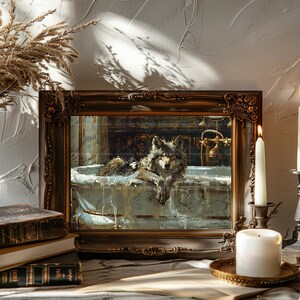 Wolf Bath Victorian Bathtub, Canine Bathroom Whimsical Fine Art Print ...