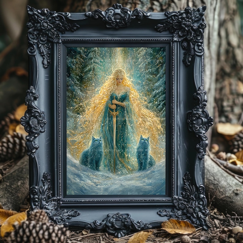 Freya Norse Goddess Art Print With Sword and Blue Cats, Freyja Radiant ...